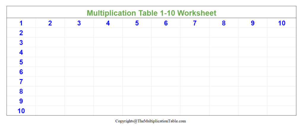 Printable Blank Multiplication Table Chart & Worksheet Template